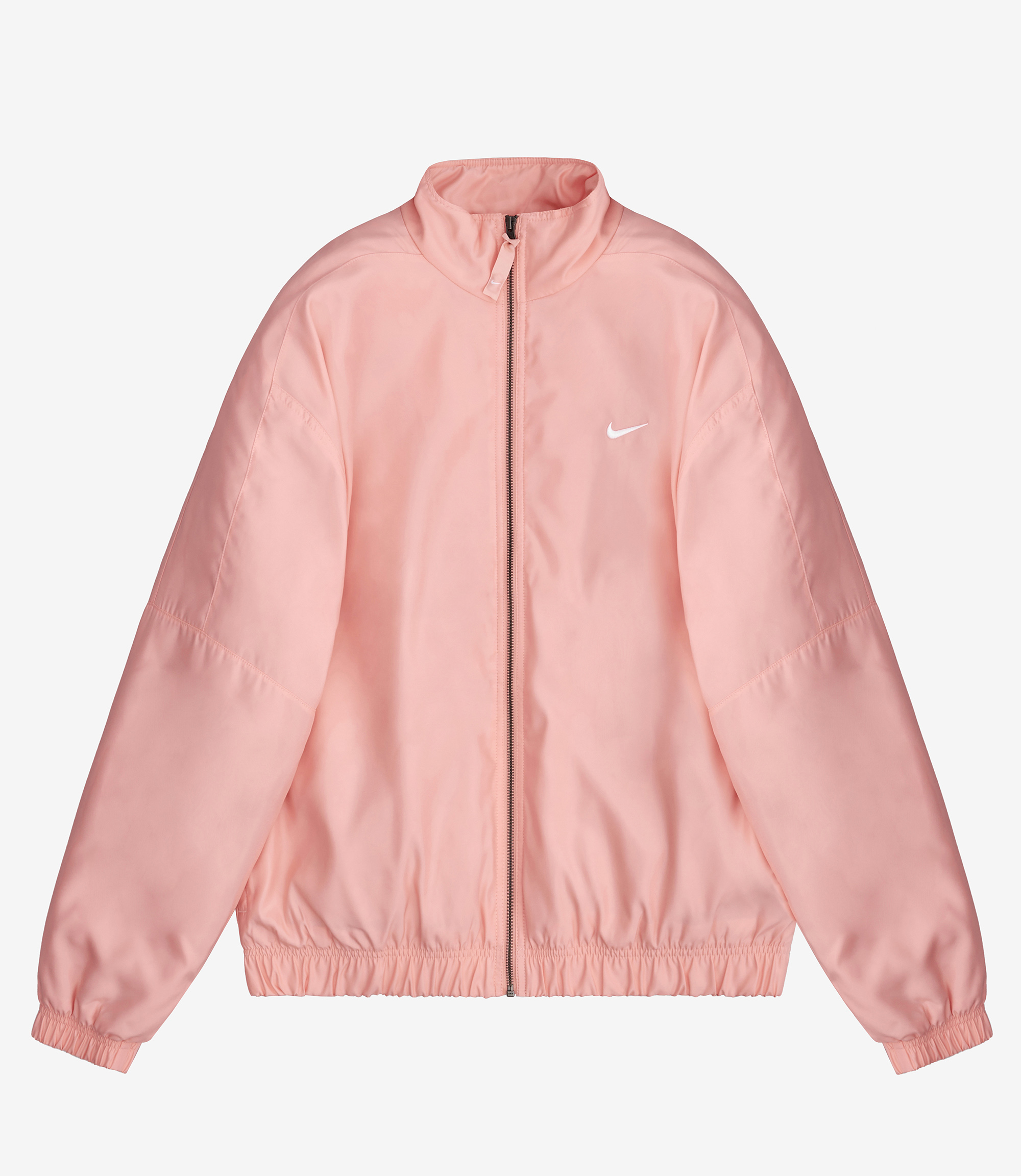 Shop NikeLab Solo Swoosh Satin Bomber Jacket Bleached Coral/White at ...